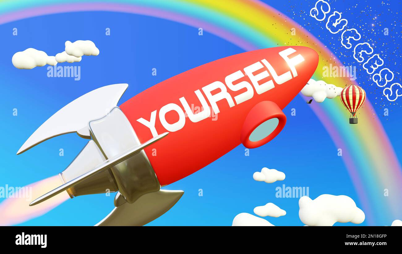 Yourself lead to achieving success in business and life. Cartoon rocket ...