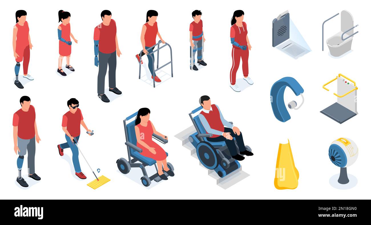 Disabled people using modern smart technology isometric icons set with ...