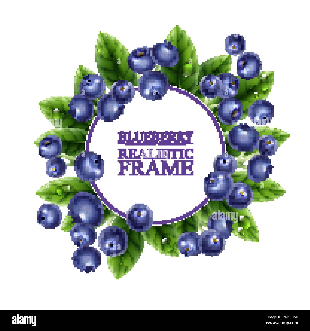 Realistic round blueberry frame with fresh berries and green leaves ...