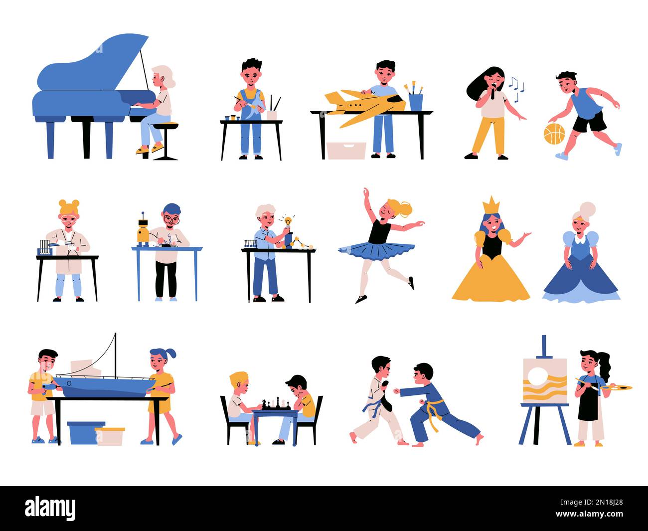 Creative and active hobbies flat set with children painting dancing ...