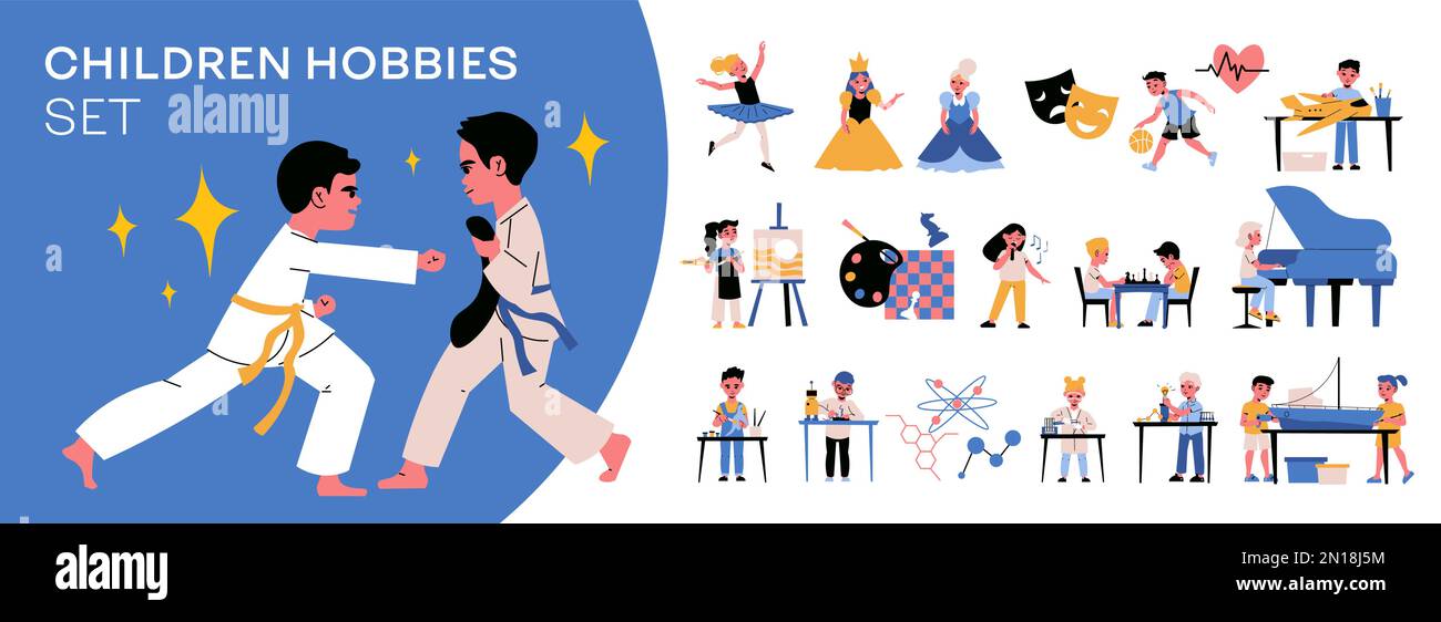 Creative hobbies flat big set with children having sports art dancing ...