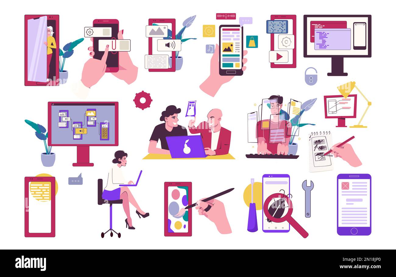 Mobile app development set with digital symbols flat isolated vector illustration Stock Vector ...