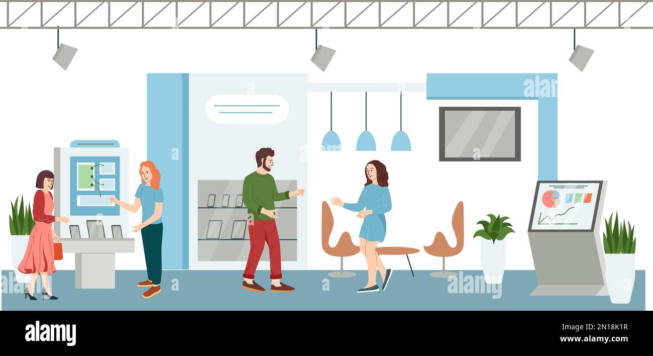Exhibition with visitors flat composition with indoor view of venue ...