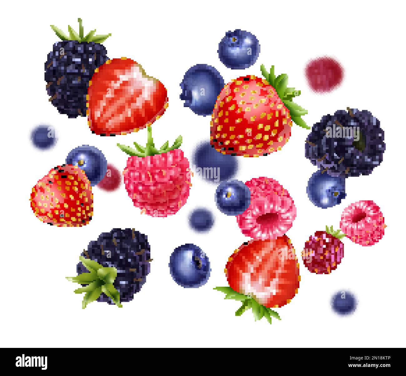 Realistic flying berries with strawberry blueberry blackberry raspberry ...