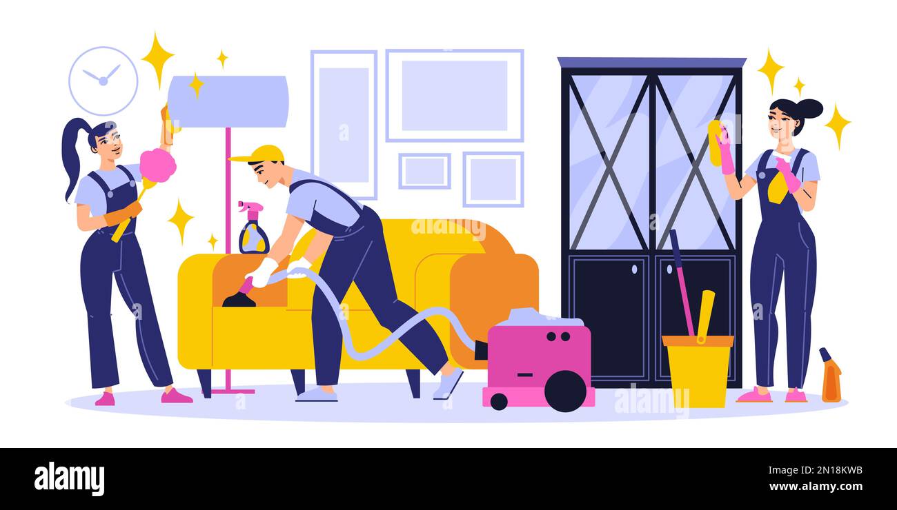 Cleaning service workers tidying up living room vacuuming sofa wiping ...