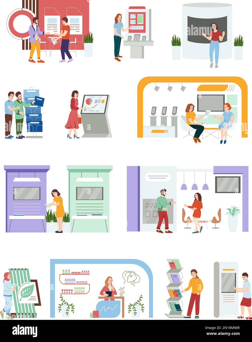 Exhibition with visitors flat set of isolated compositions with front ...