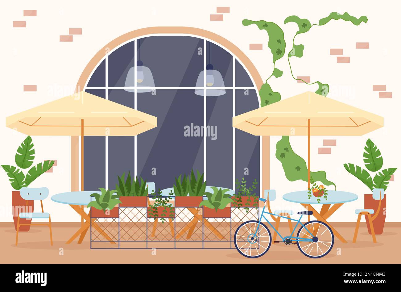 Modern eco cafe flat composition with outdoor background with tables ...