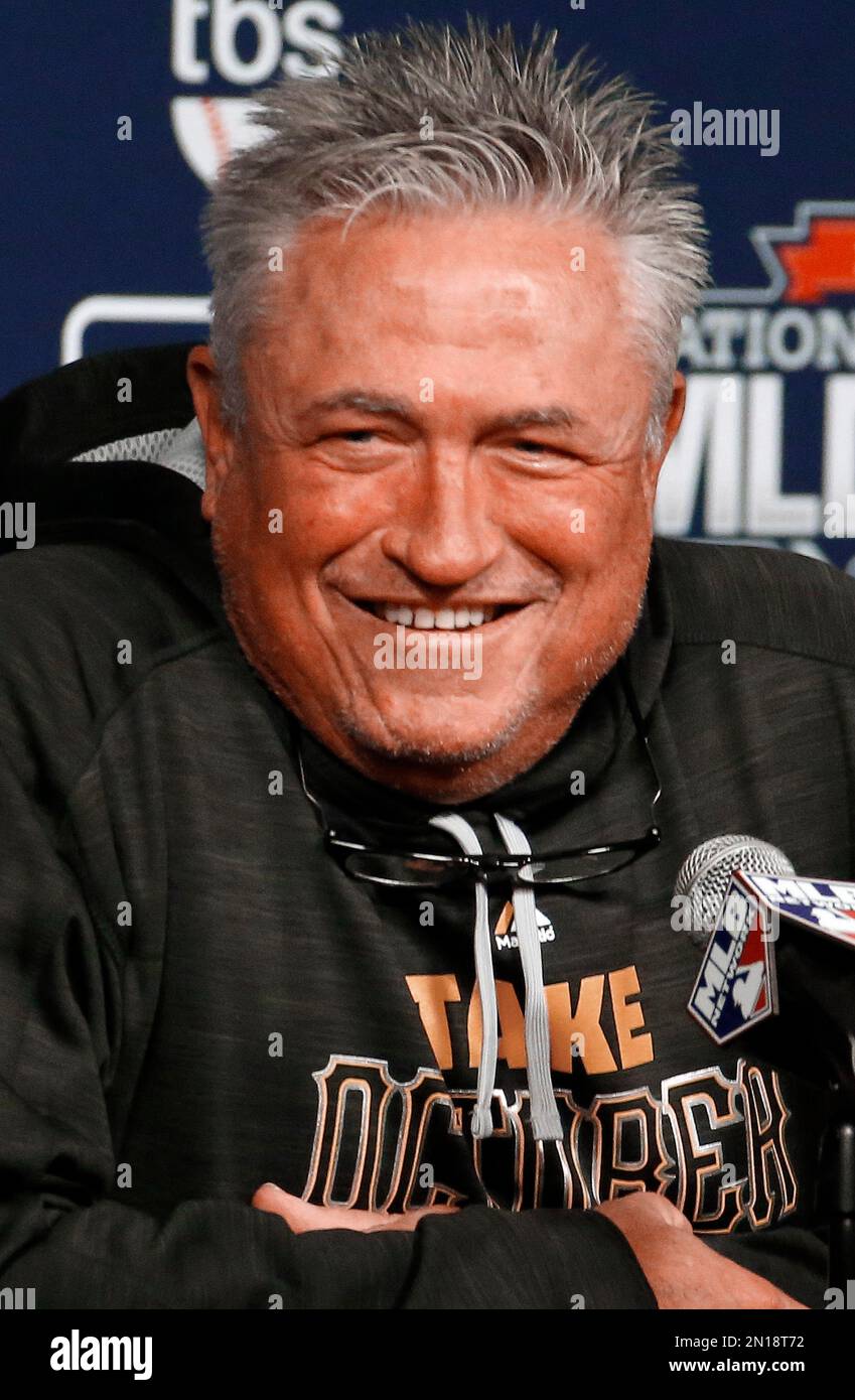 Pittsburgh Pirates manager Clint Hurdle takes questions during a news ...