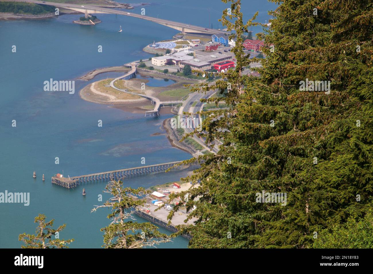 Elevated view of Ketchikan, Alaska, USA from Tongass national forest ...