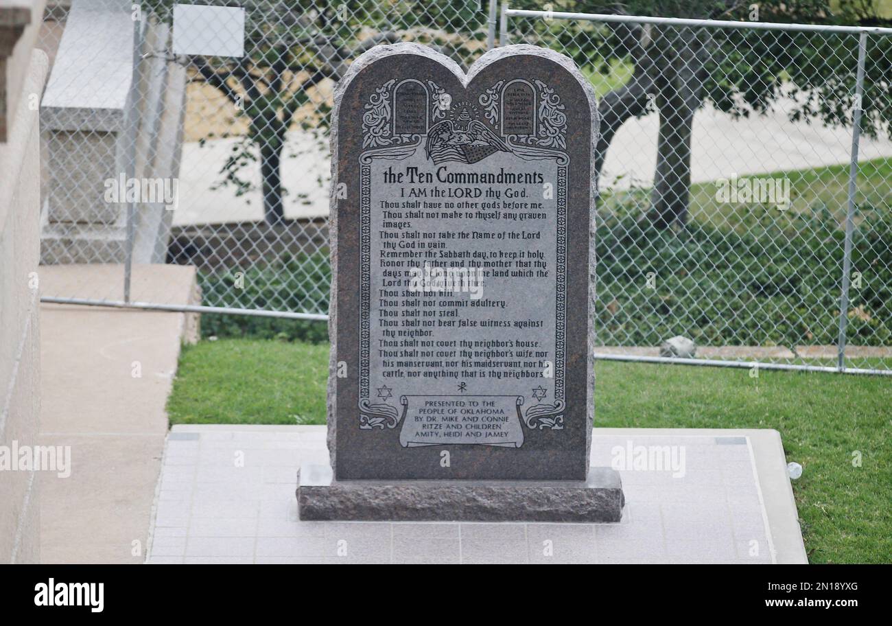 The Ten Commandments monument is pictured on the grounds of the state ...