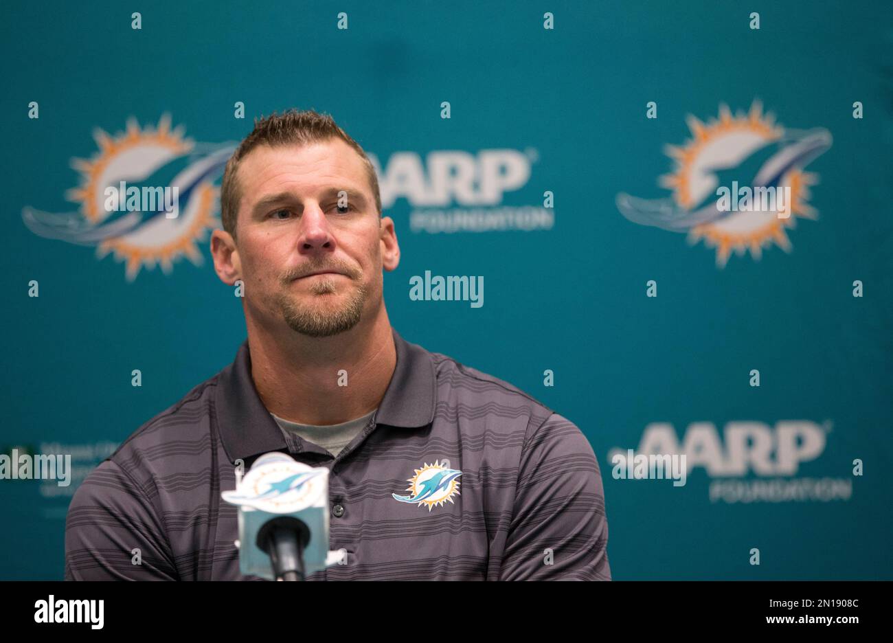 Former Miami Dolphins tight ends coach Dan Campbell looks on during a ...