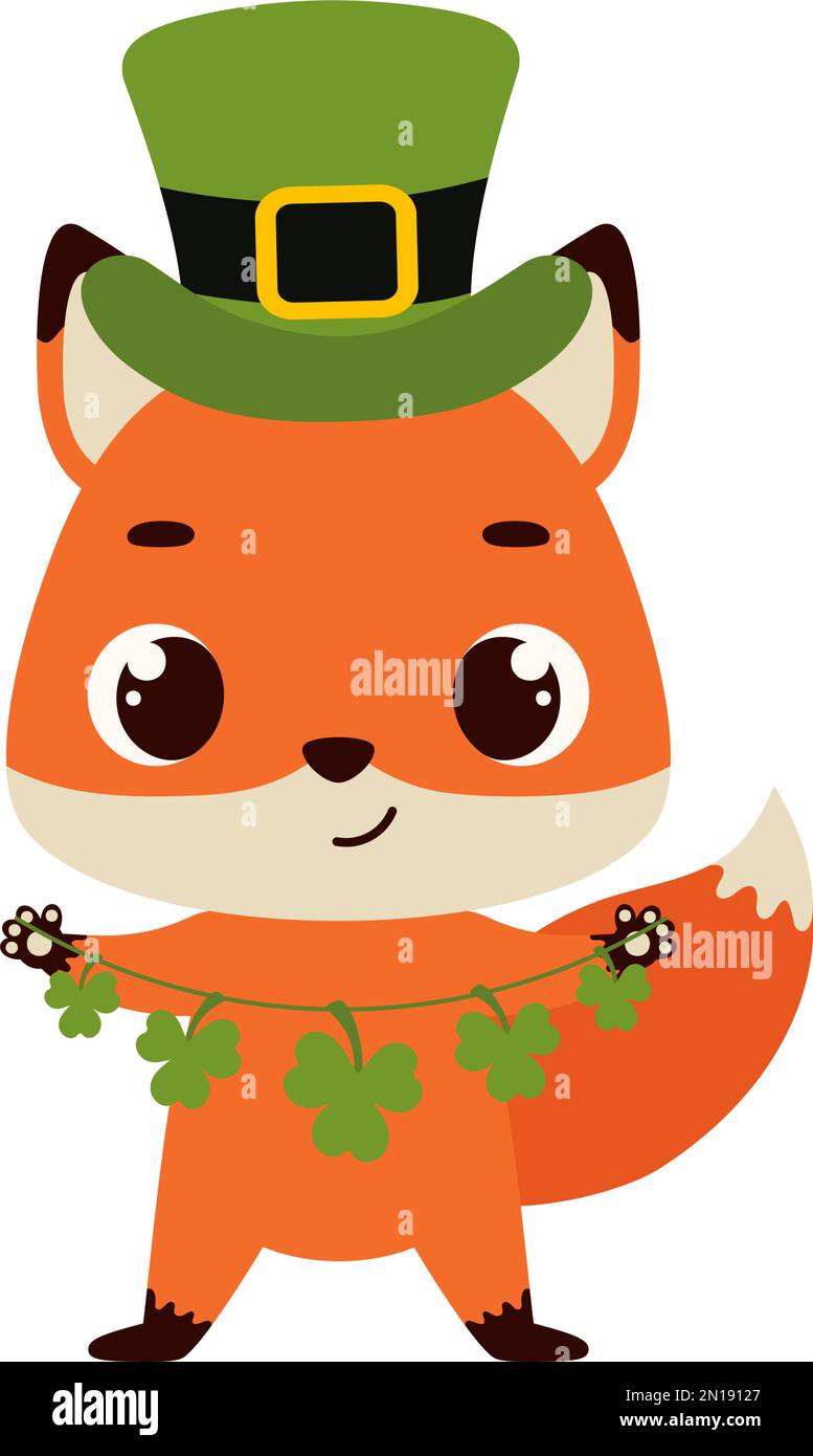 Cute fox in green leprechaun hat with clover. Irish holiday folklore ...