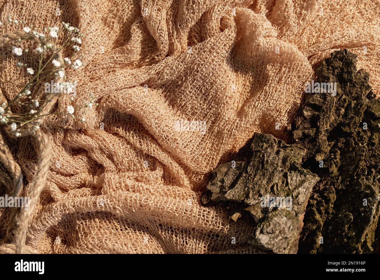 nature composition rustic display wood mesh fabric Stock Photo - Alamy