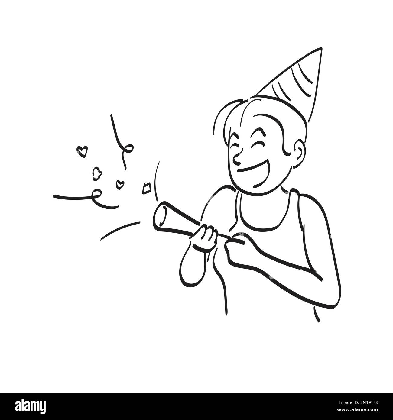 line art woman playing paper popper with hat on head to celebrate ...