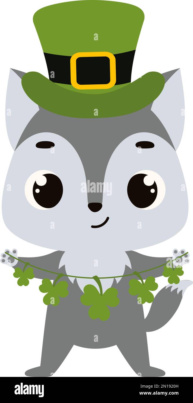 Cute wolf in green leprechaun hat with clover. Irish holiday folklore ...