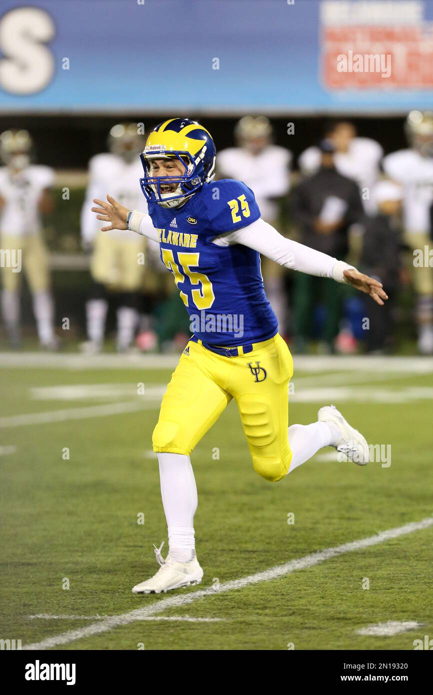 Delaware Blue Hens Frank Raggo #25 celebrates his game winning against ...