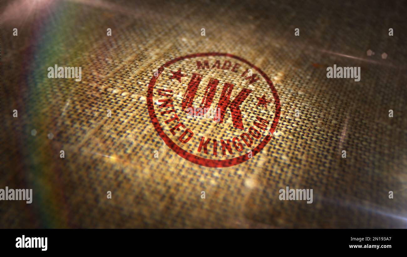 Made in UK stamp printed on linen sack. Factory, manufacturing and ...