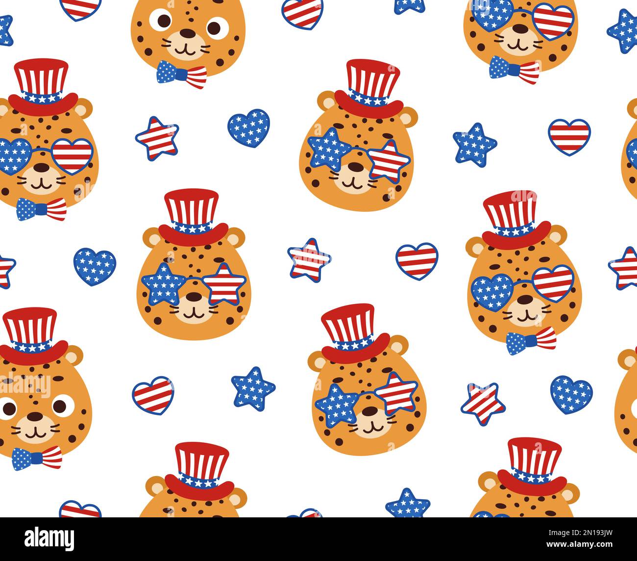 Cute little cheetah head in USA patriotic hat seamless childish pattern ...
