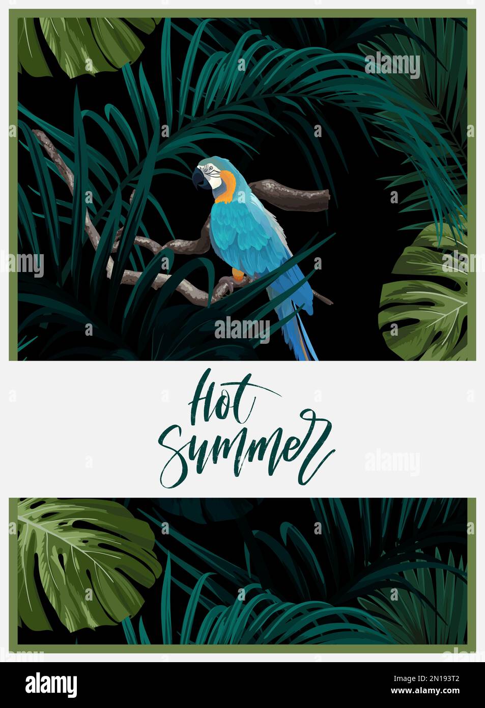 Dark tropical design with exotic monstera and royal palm leaves, blue ...