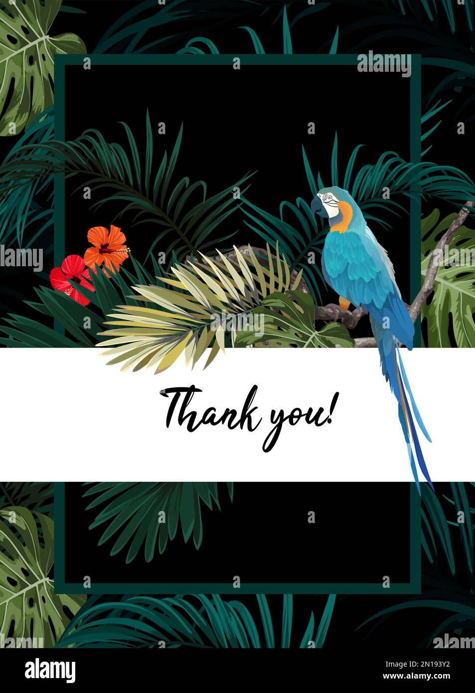 Dark tropical design with exotic monstera and royal palm leaves, blue ...