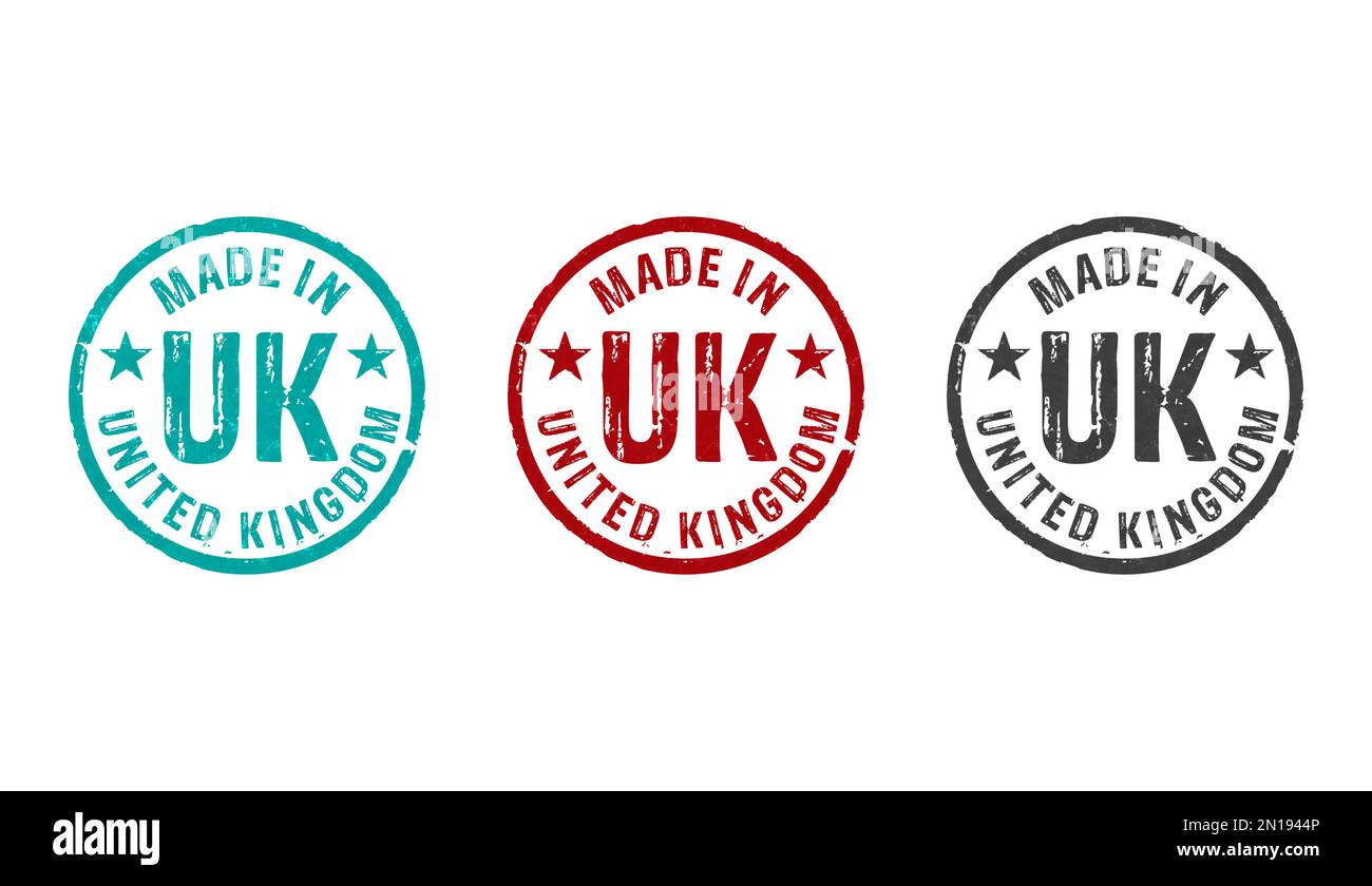 Made in UK stamp icons in few color versions. Factory, manufacturing ...