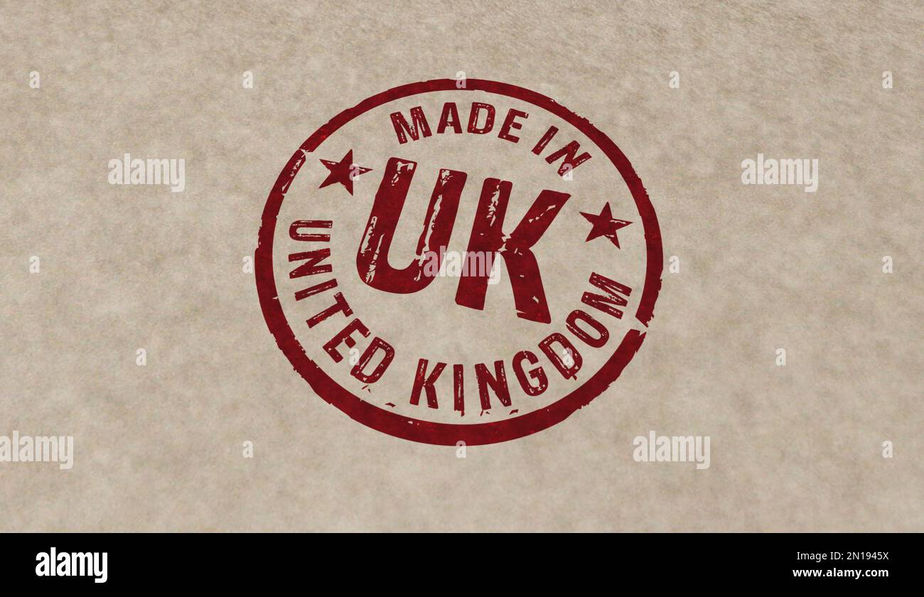 Made in UK stamp icons in few color versions. Factory, manufacturing ...