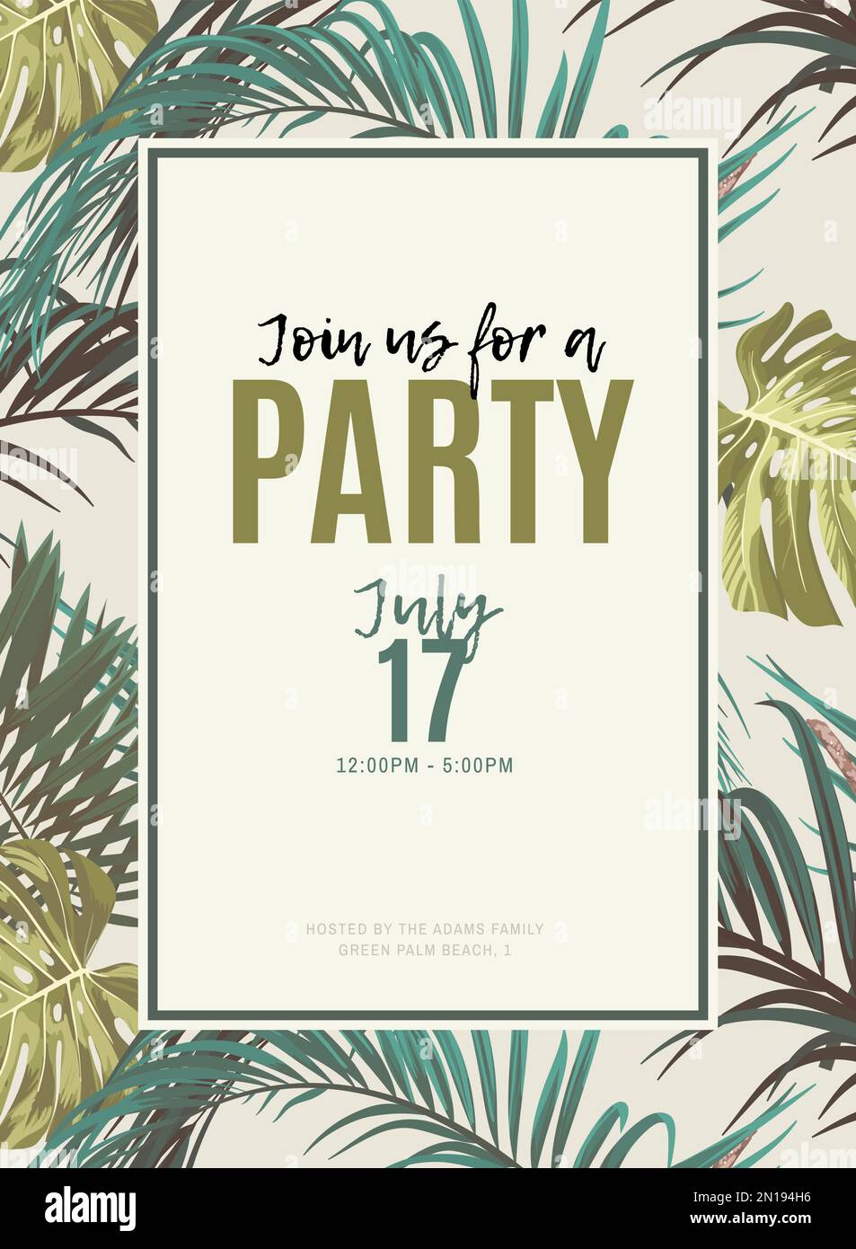 Vintage tropical design with exotic monstera and royal palm leaves ...