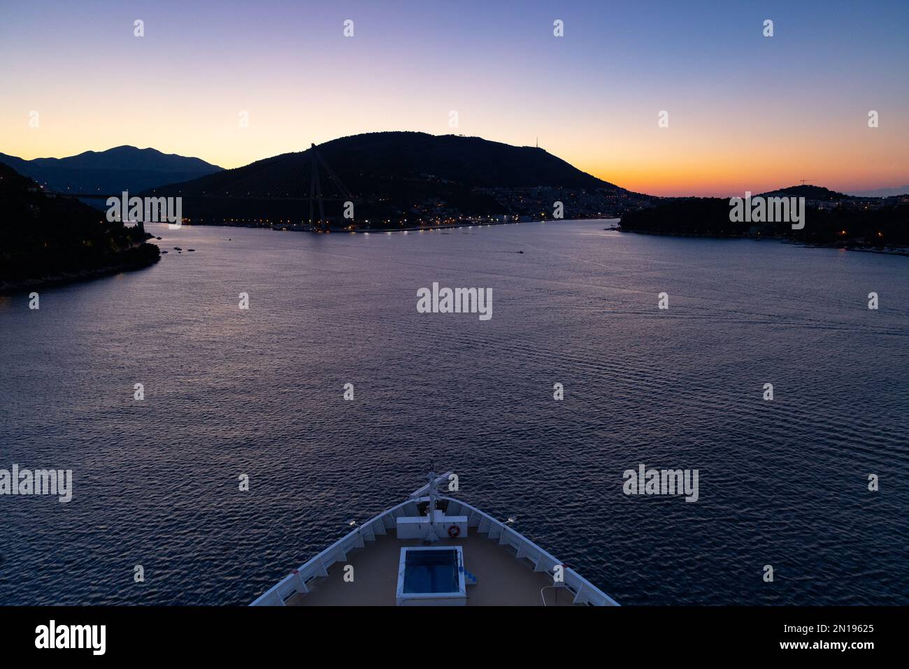 The bow of the Norwegian Gem Cruise ship approaching Dubrovnik harbor ...