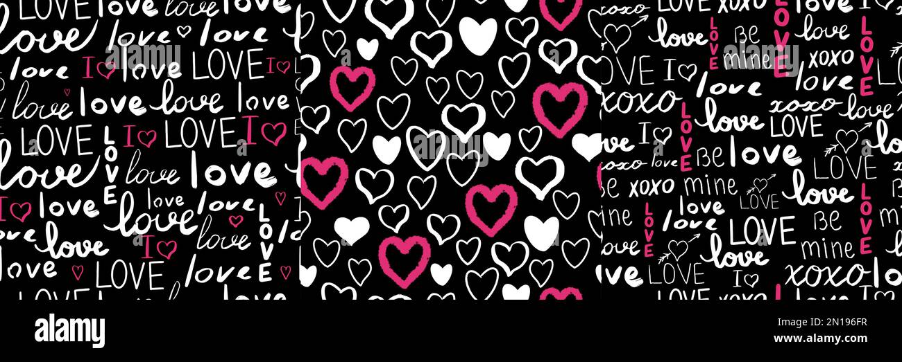 Text love, script cute doodle hand drawn seamless pattern on black ...