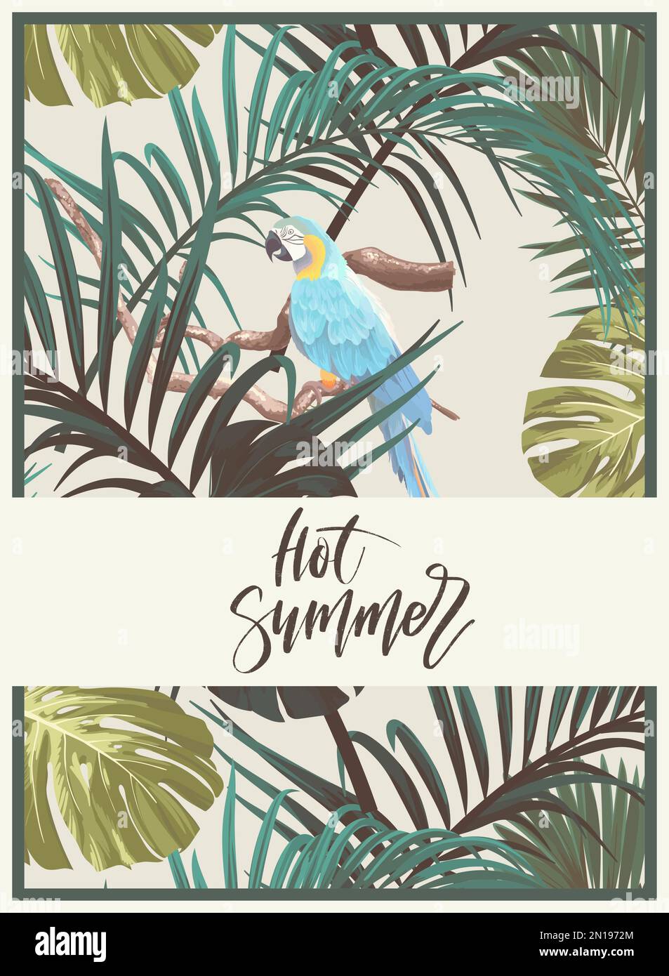 Vintage tropical design with exotic monstera and royal palm leaves ...