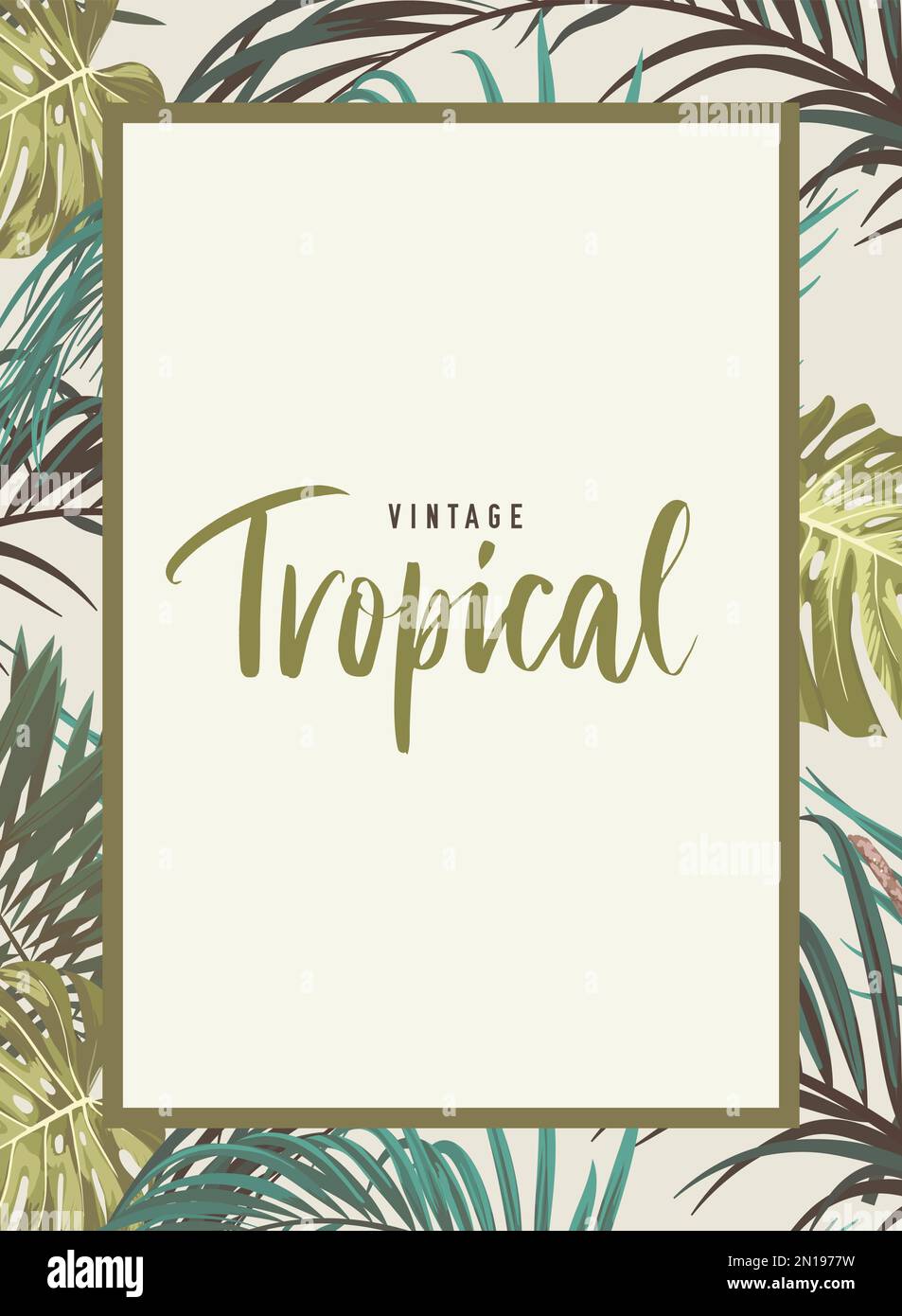 Vintage tropical design with exotic monstera and royal palm leaves ...