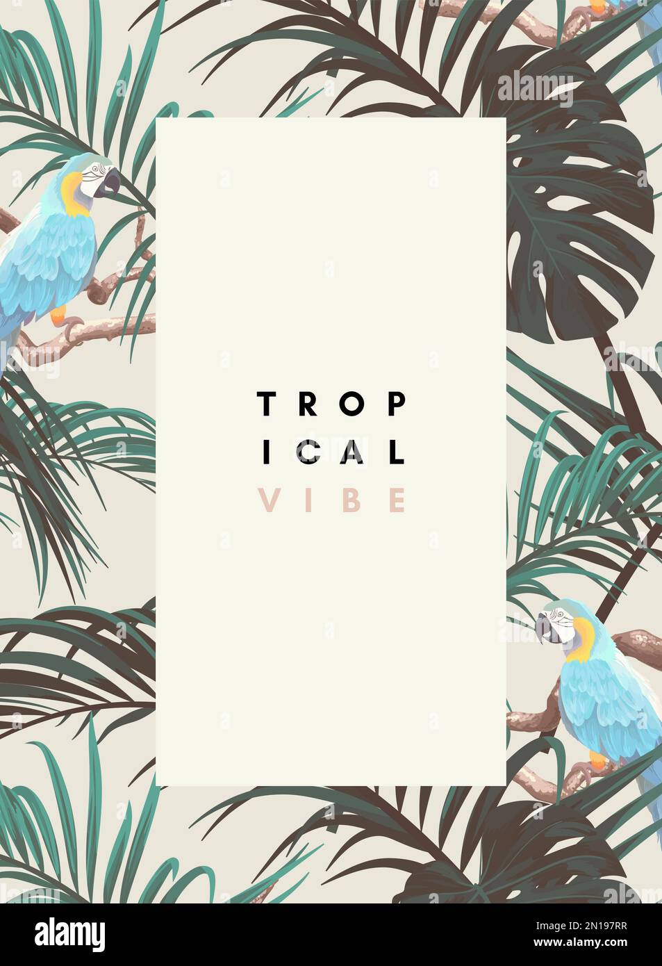 Vintage tropical design with exotic monstera and royal palm leaves ...