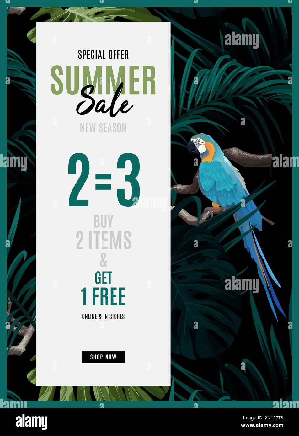 Dark tropical design with exotic monstera and royal palm leaves, blue ...