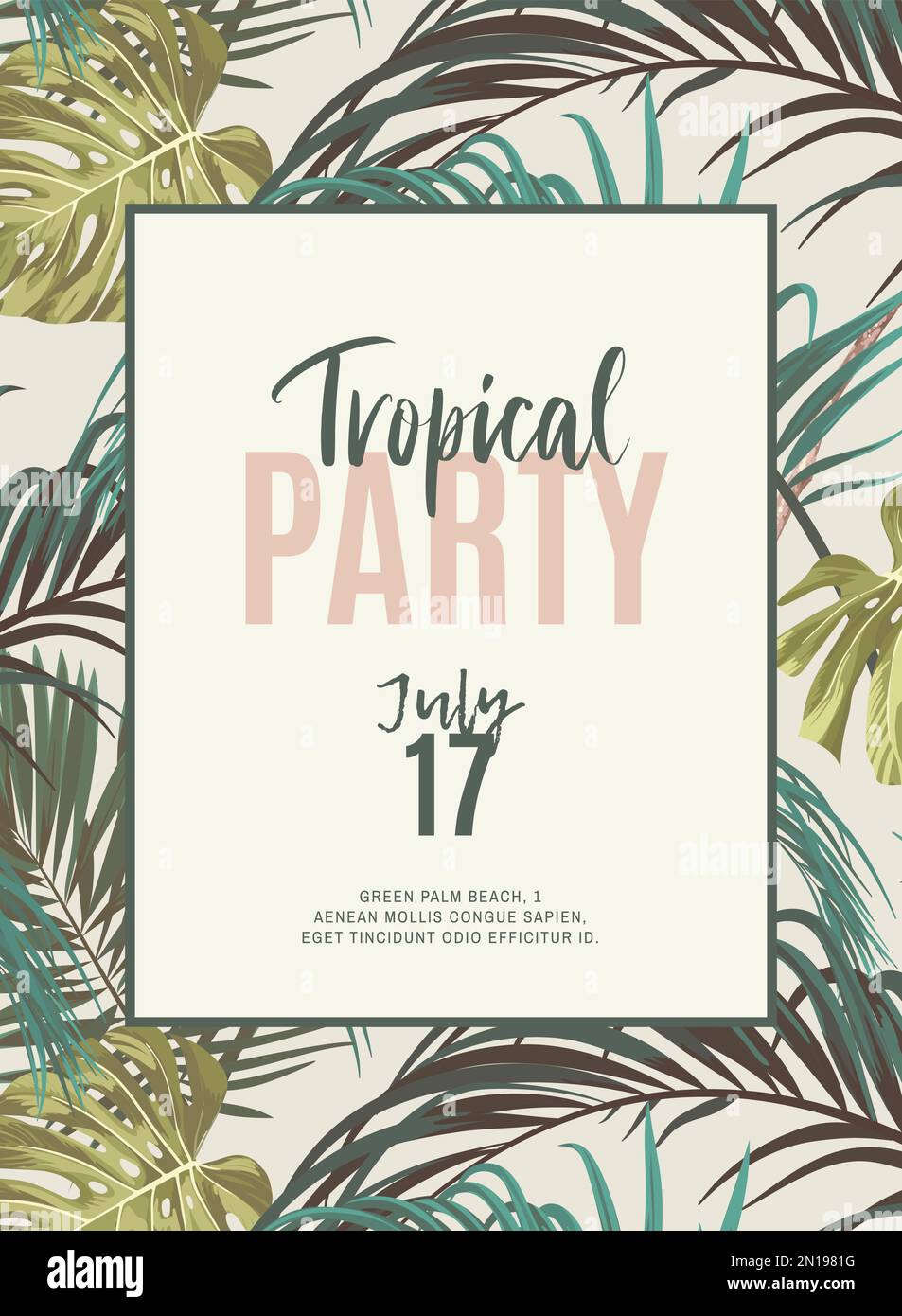 Vintage tropical design with exotic monstera and royal palm leaves ...