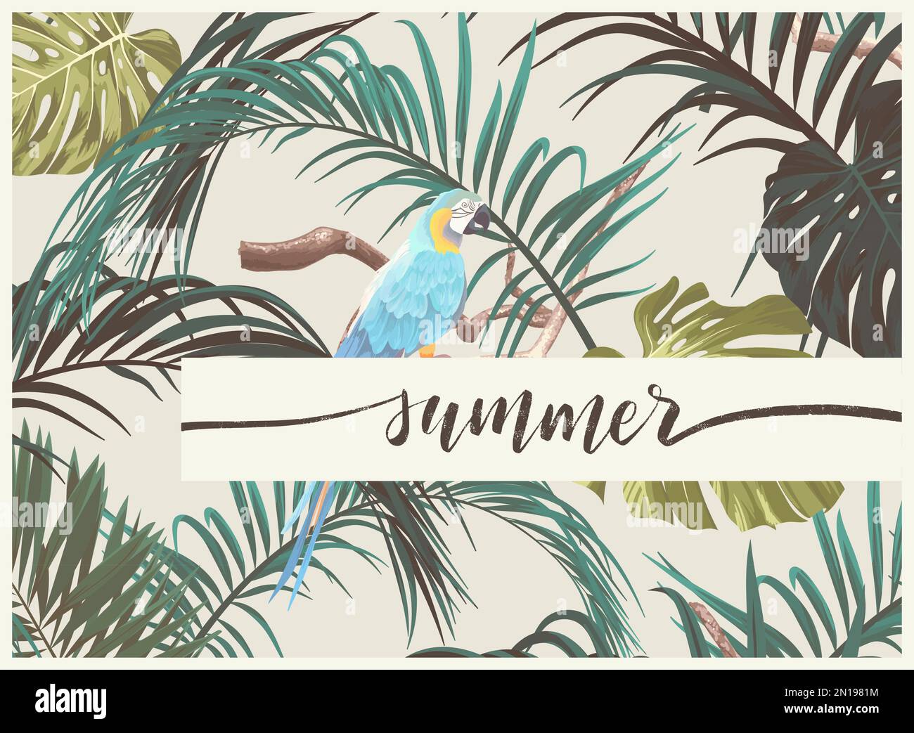 Vintage tropical design with exotic monstera and royal palm leaves ...