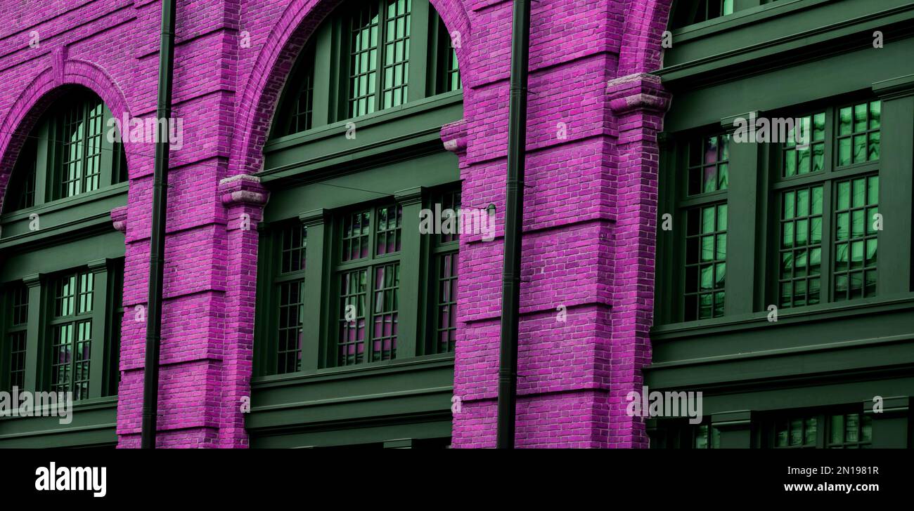 Modern brick facade. vintage windows on the factory brick wall Stock ...