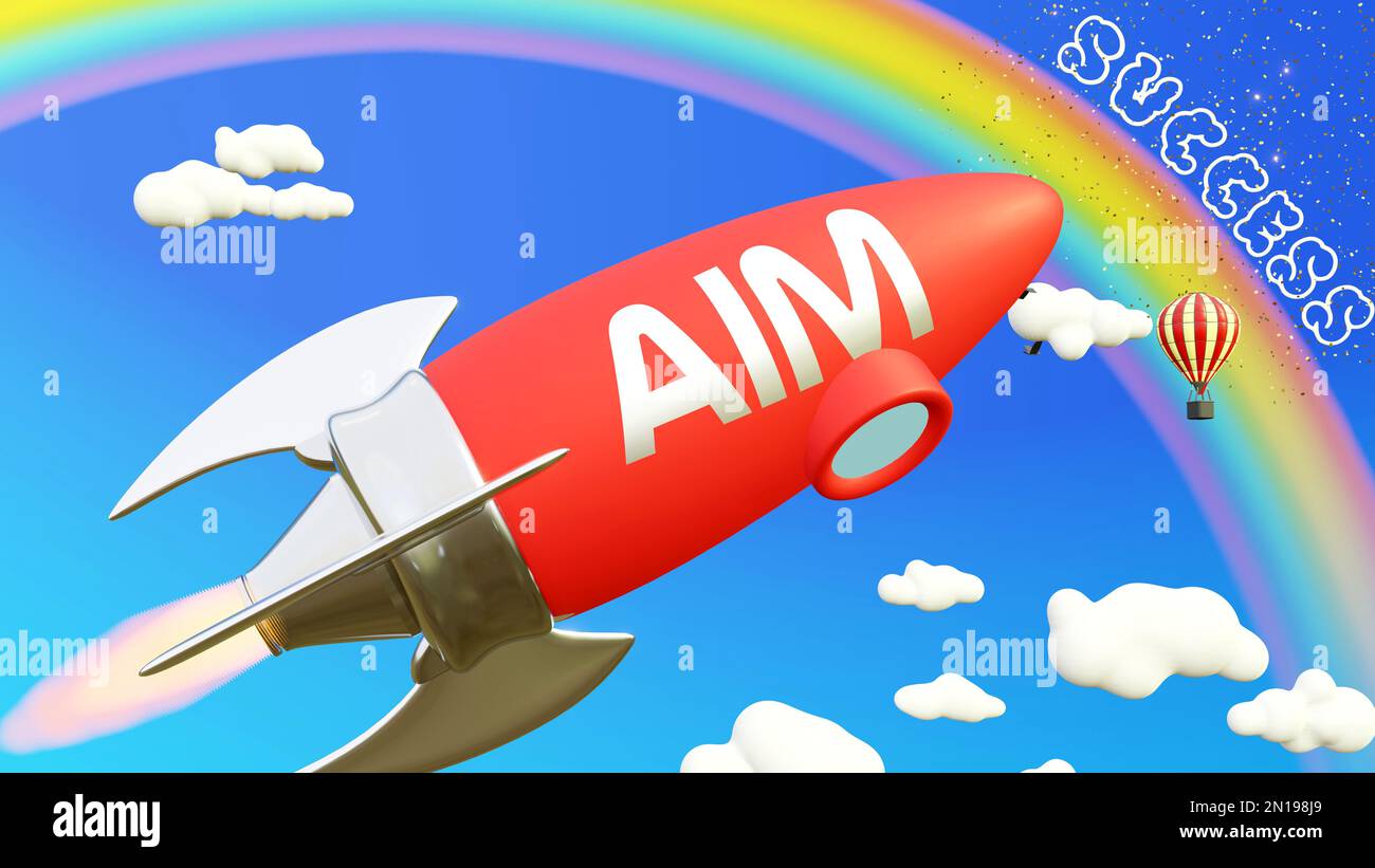 Aim lead to achieving success in business and life. Cartoon rocket ...