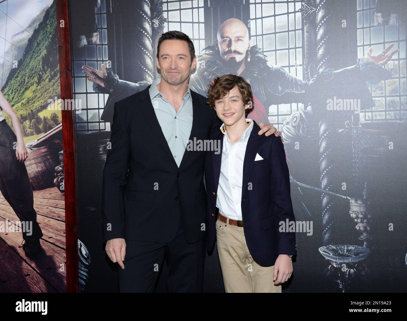 Actors Hugh Jackman, left, and Levi Miller attend the premiere of "Pan ...