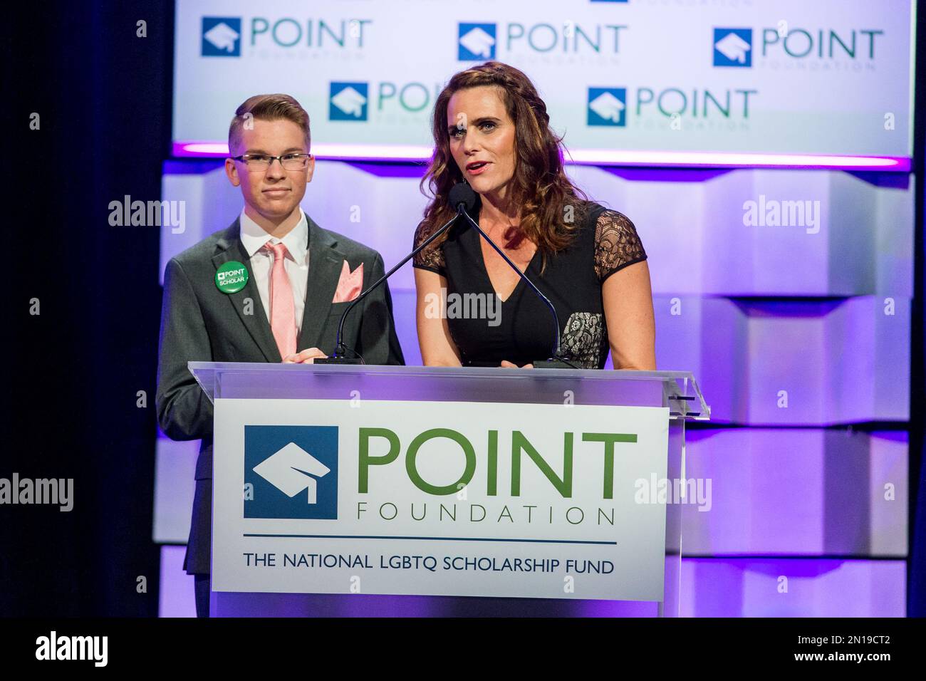 Casey Hoke, left, and Amy Landecker speak on stage during the Voices on ...