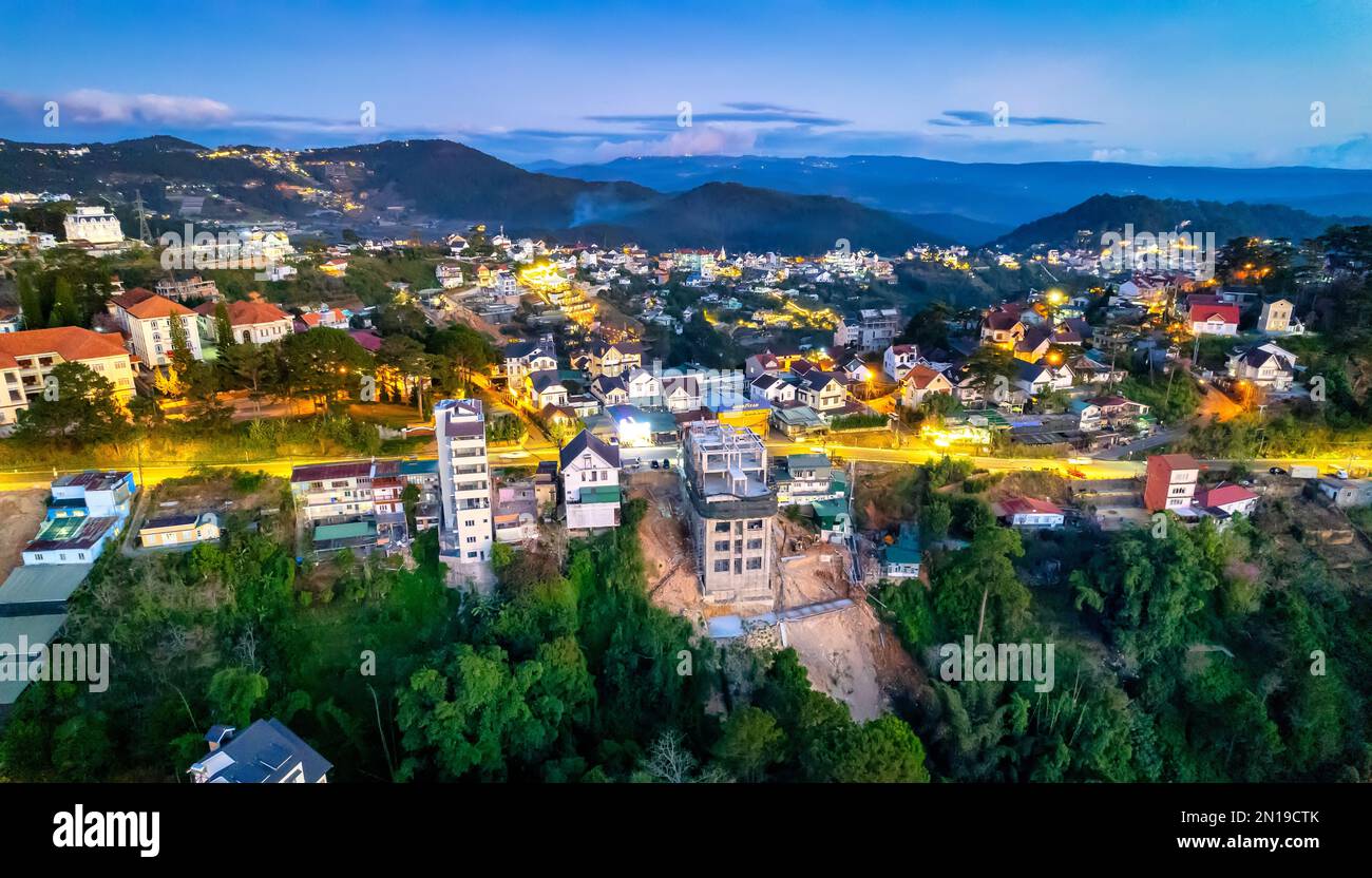 Aerial view of Da Lat city night beautiful tourism destination in ...