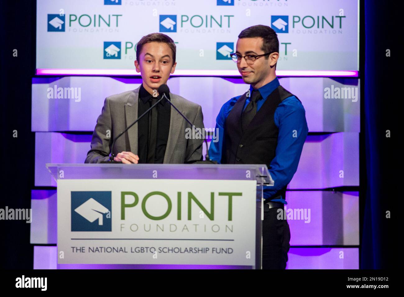Hayden Byerly, left, and Brett Bruhanski on stage during the Voices on ...