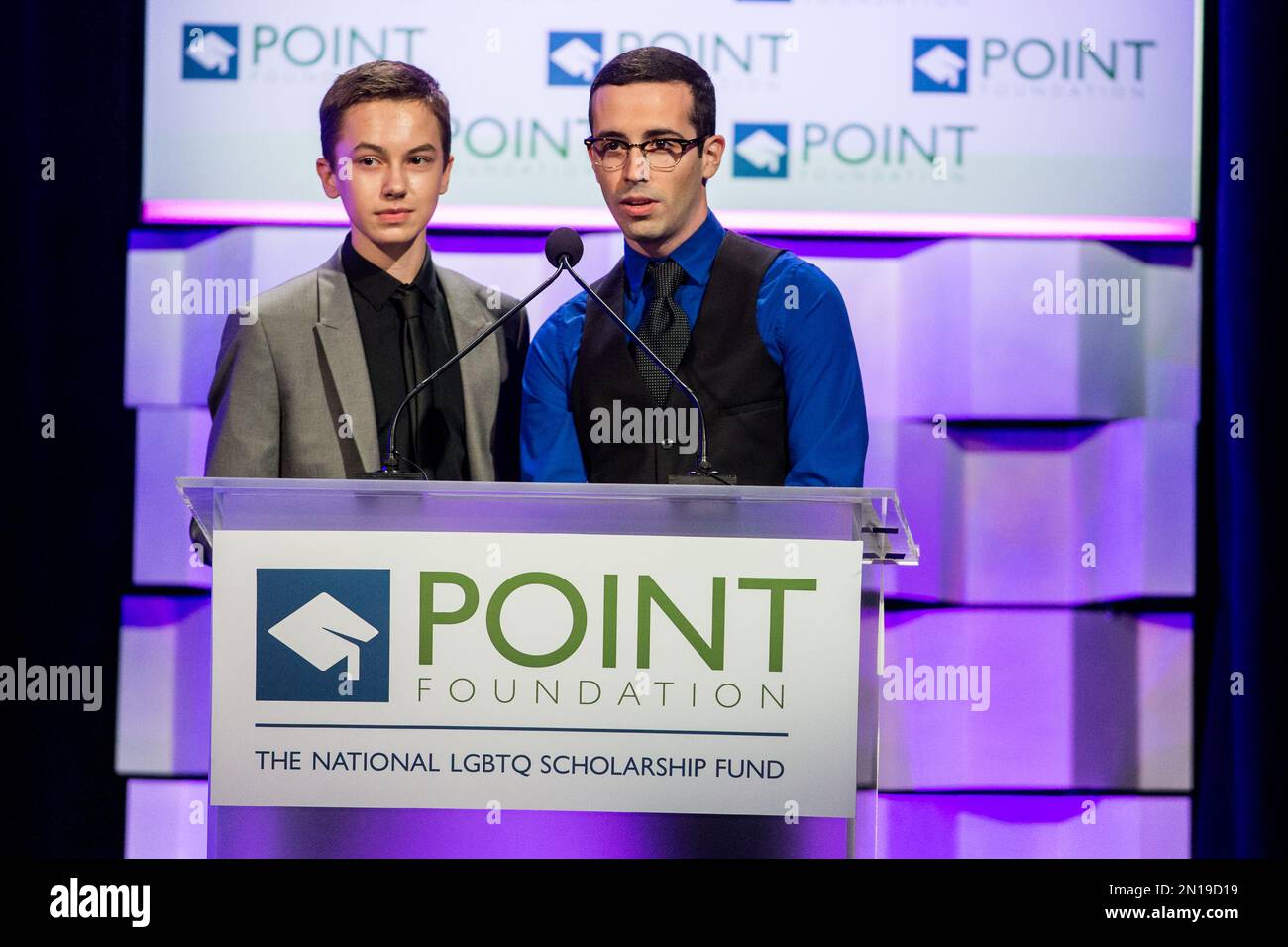 Hayden Byerly, left, and Brett Bruhanski on stage during the Voices on ...