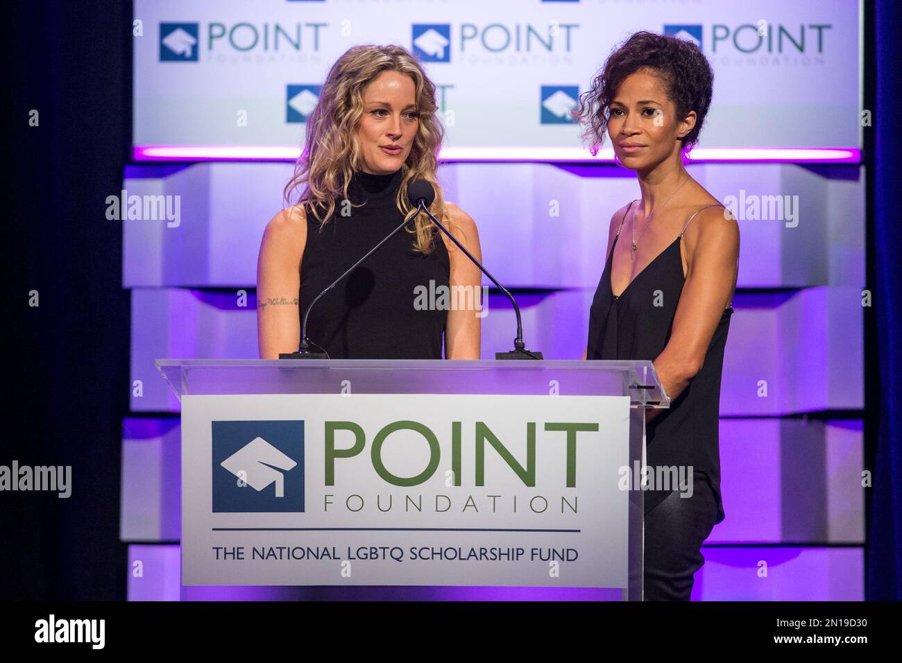 Teri Polo, left, and Sherri Saum on stage during the Voices on Point ...