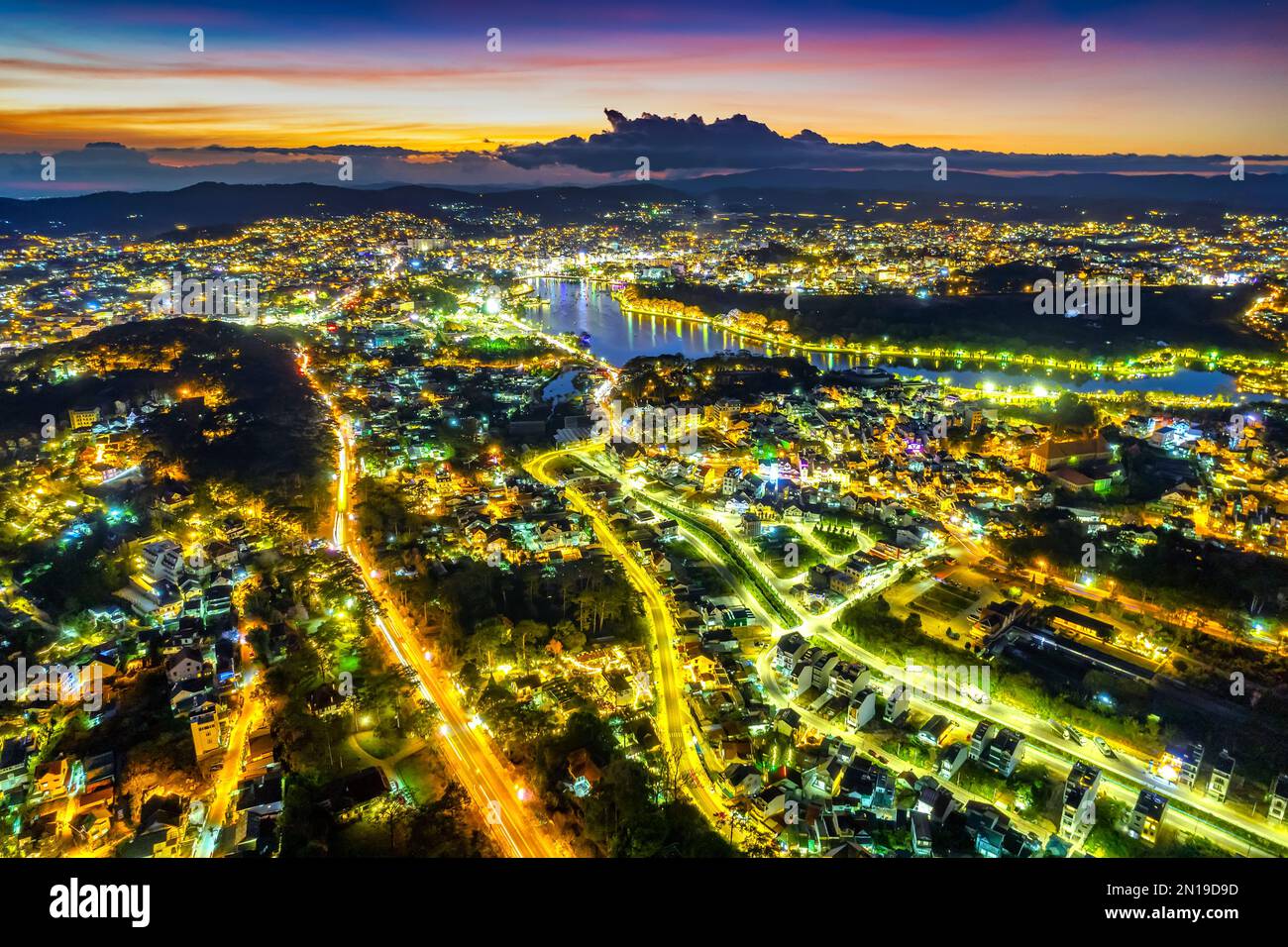Aerial view of Da Lat city night sunset beautiful tourism destination ...