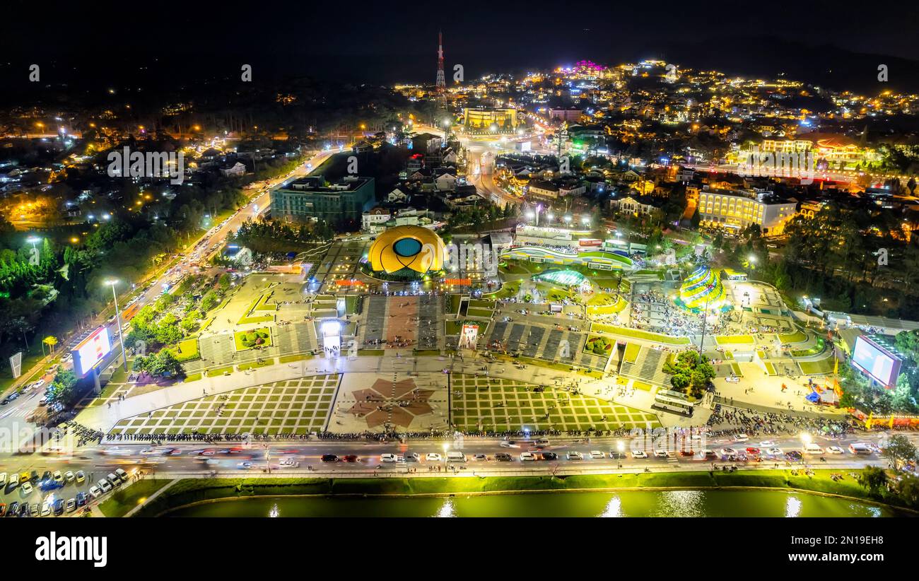 Aerial panorama view of Sunflower Building at night in Da Lat City ...