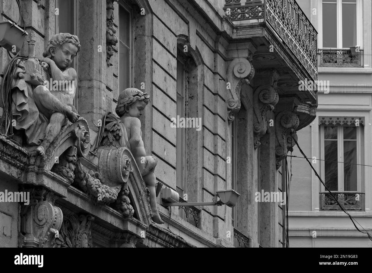 LYON, FRANCE, February 4, 2023 : Sculptures on facade of ancient ...