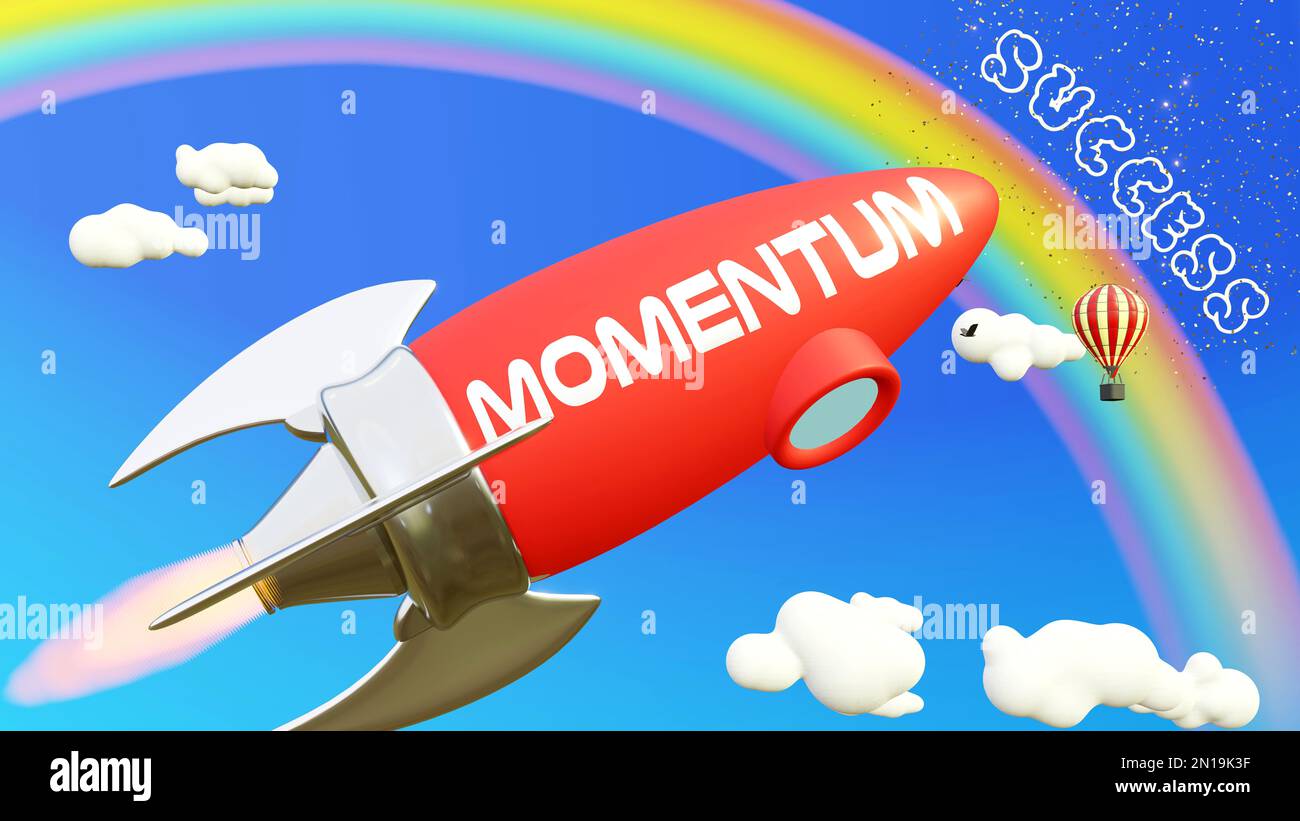 Momentum lead to achieving success in business and life. Cartoon rocket ...