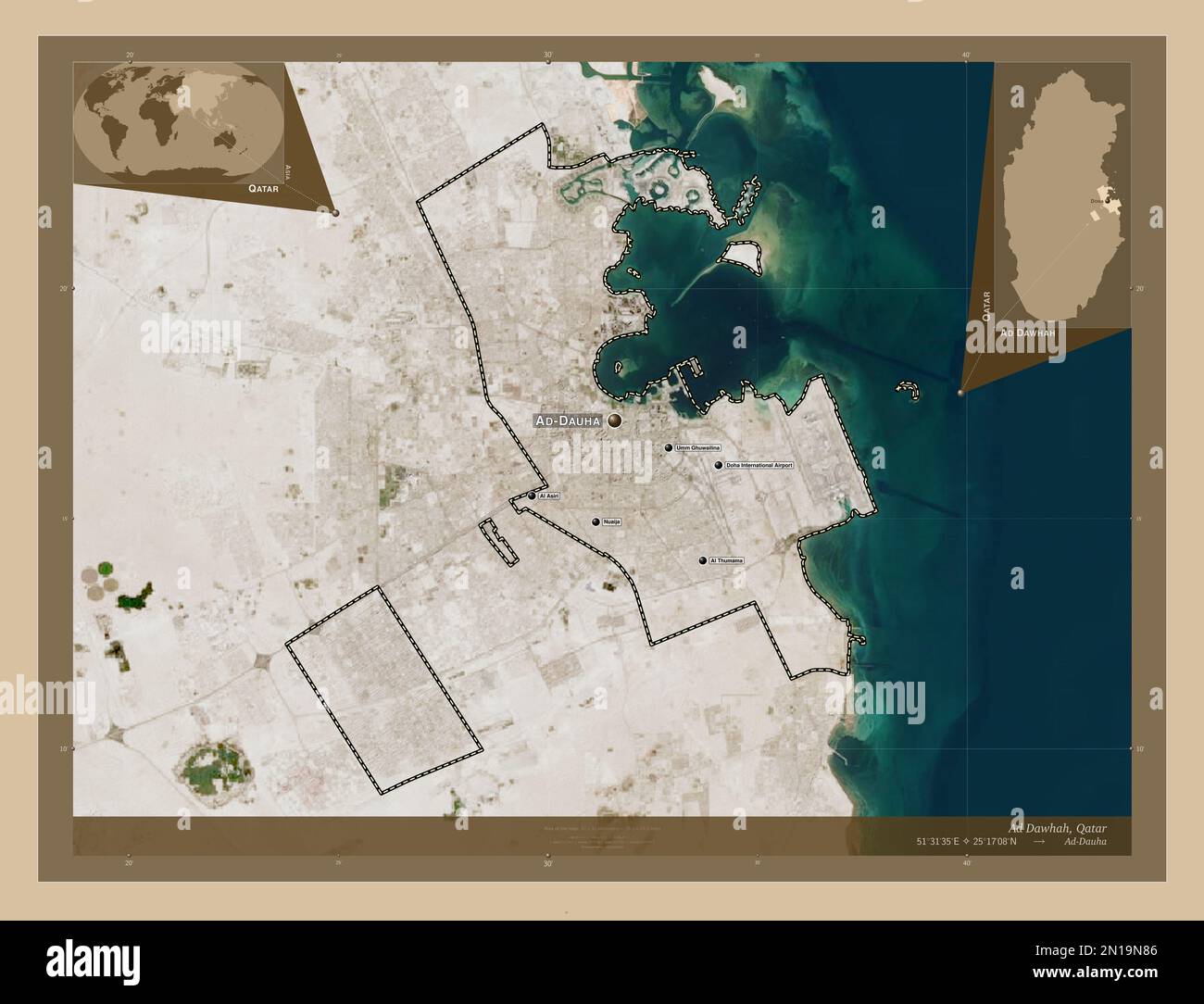 Ad Dawhah, municipality of Qatar. Low resolution satellite map ...