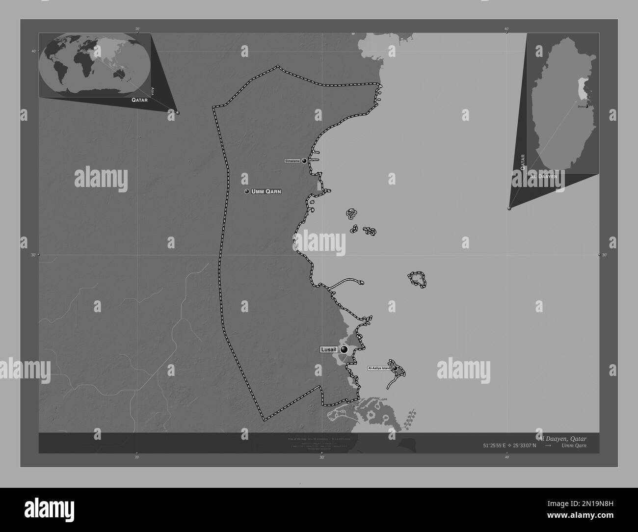 Al Daayen, municipality of Qatar. Bilevel elevation map with lakes and ...