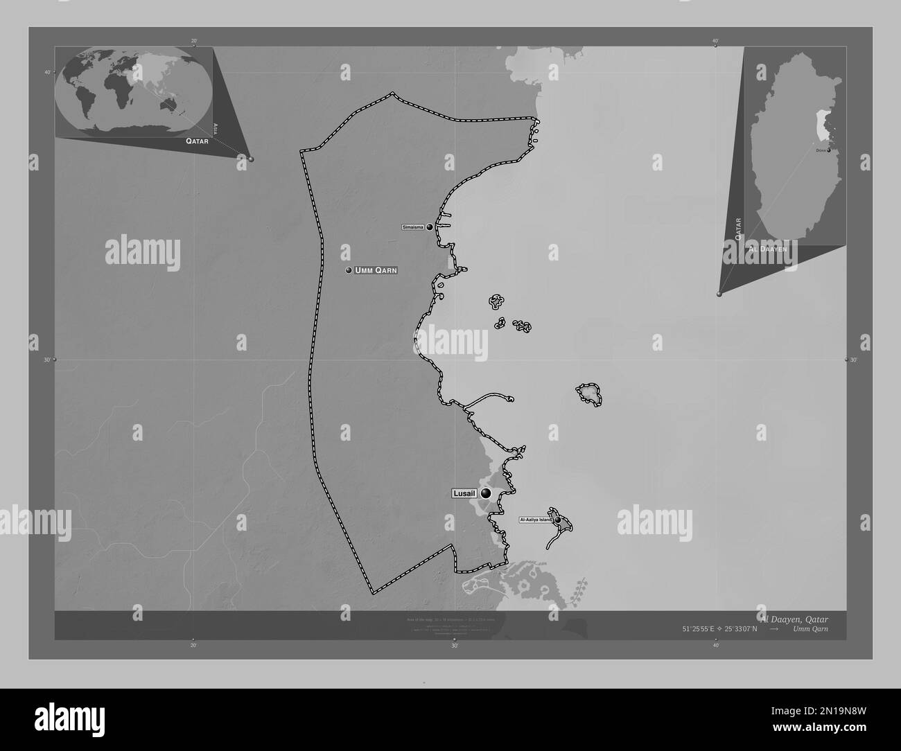Al Daayen, municipality of Qatar. Grayscale elevation map with lakes ...